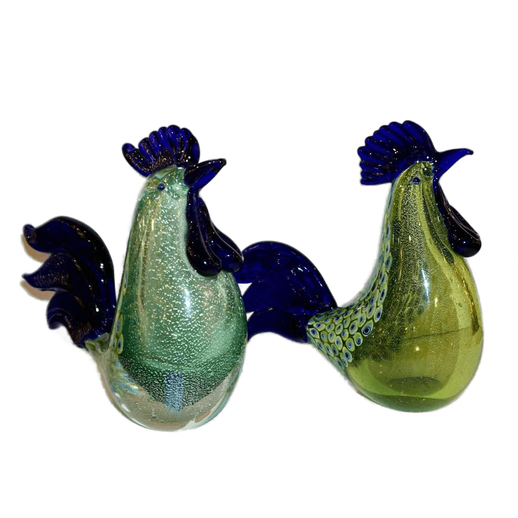 1980s Pair Of Italian Vintage Silver Navy Blue Green Murano Art Glass