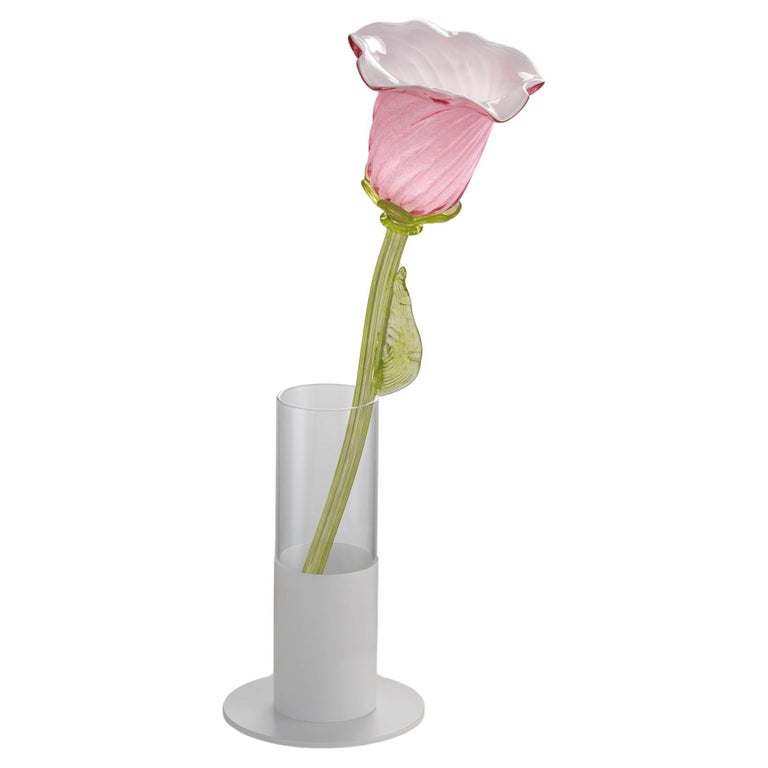 Italian Design Organic Modern Pink Art Glass Lit Flower White Vase/Tab ...