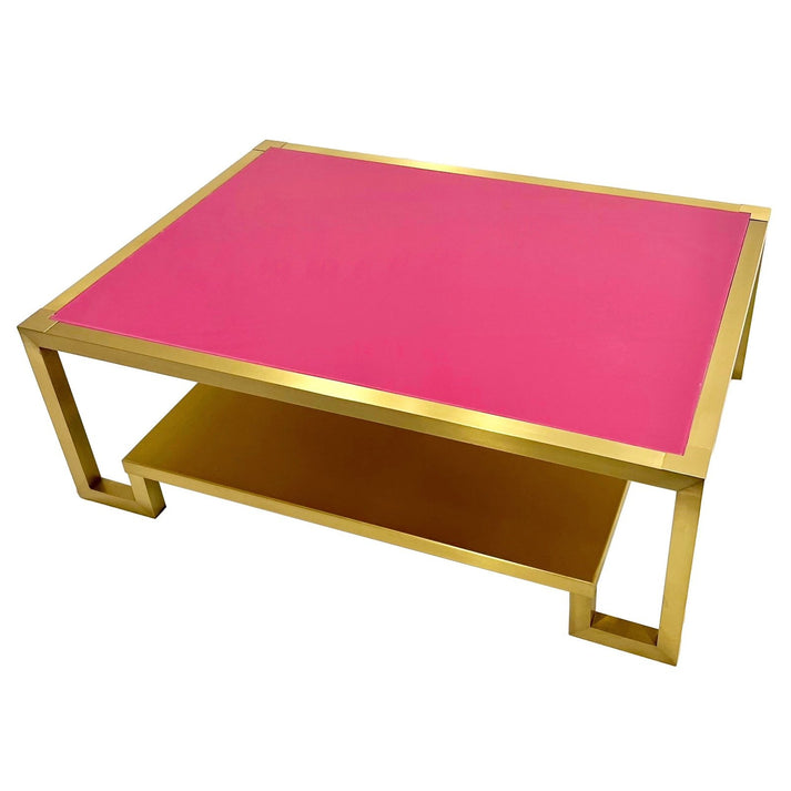 1970s Italian Vintage Rectangular Fuchsia Brass Coffee Table with Unde ...