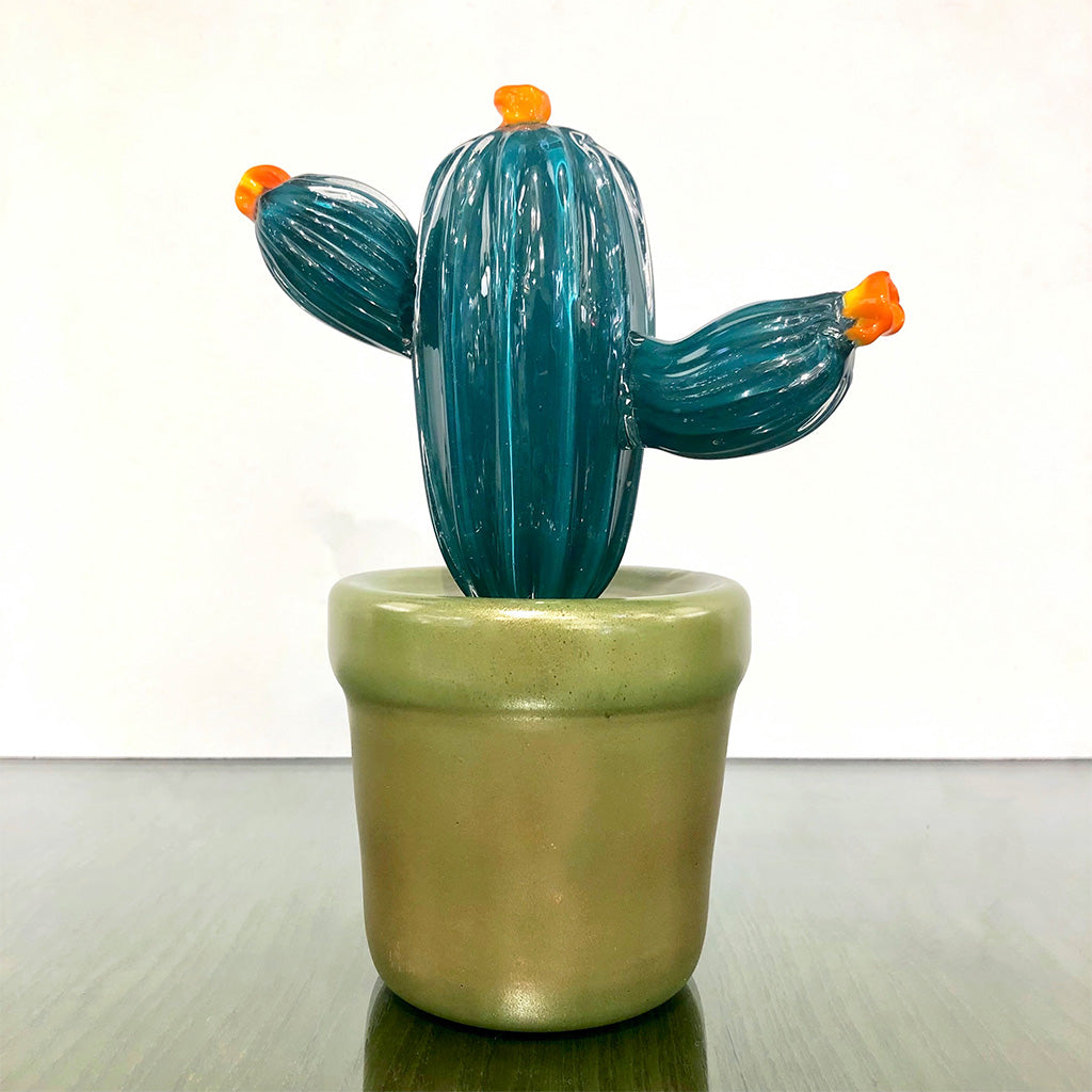 2000s Italian Green Gold Murano Glass Cactus Plant Orange Flowers ...