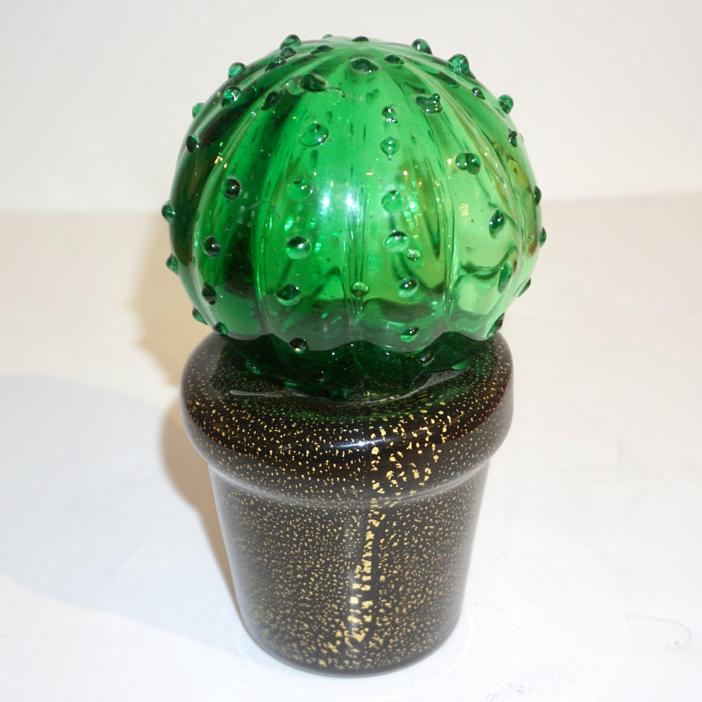 1990s Vintage Italian Green Murano Glass Small Cactus Plant in Black ...