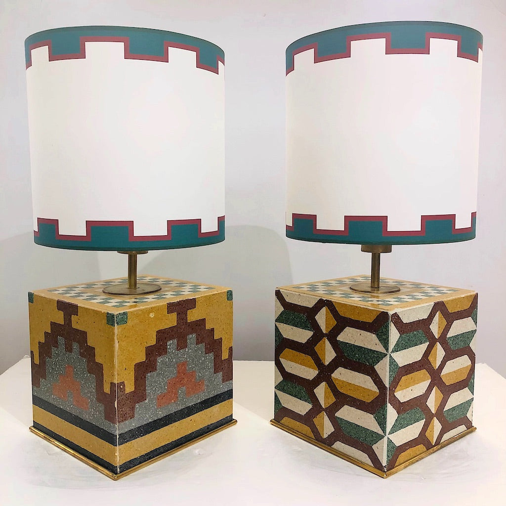 Vintage Pair of Italian Mosaic Cement Tile Cube Lamps with Custom Shad ...