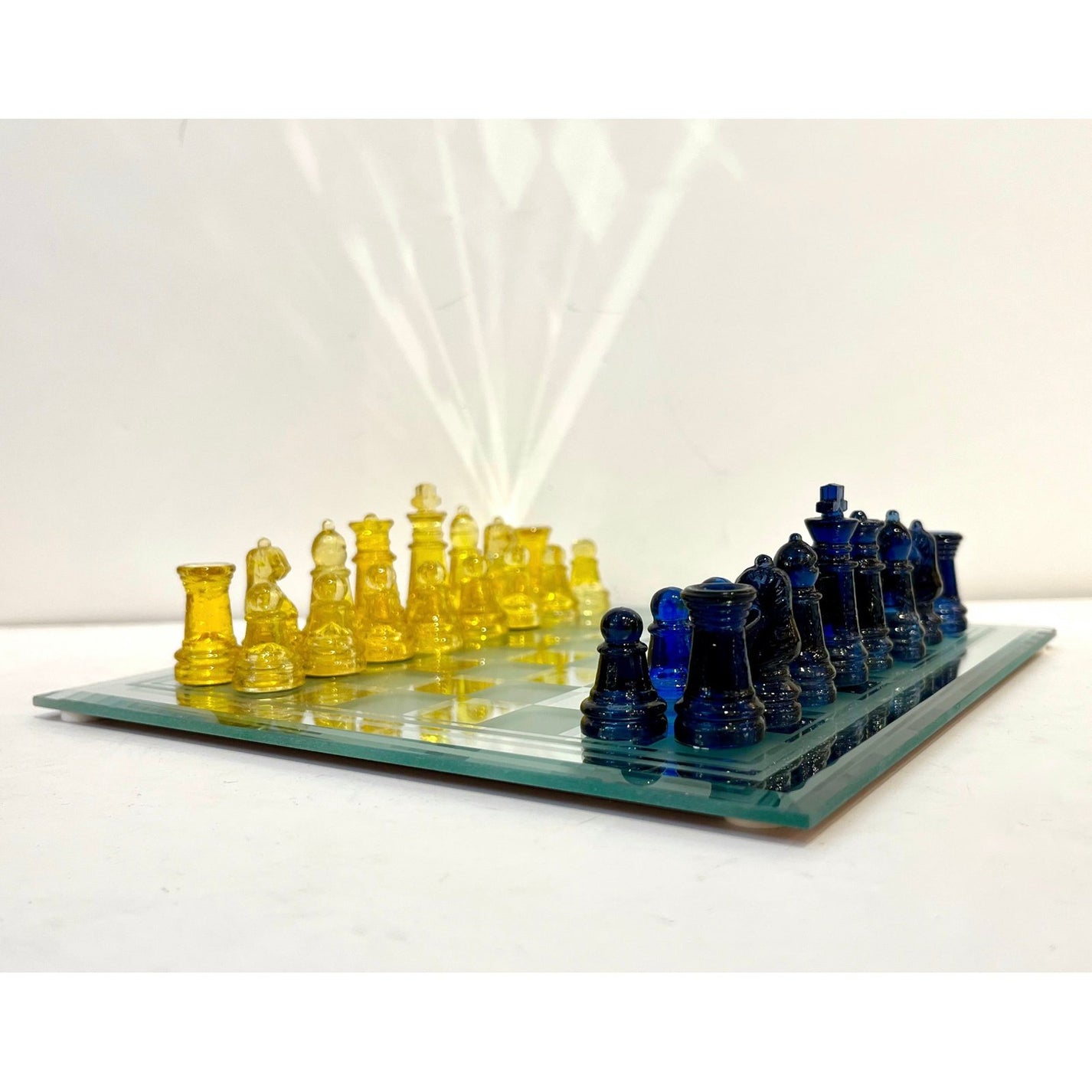 Contemporary Minimalist Blue & Yellow Murano Glass Chess Set on Mirror ...