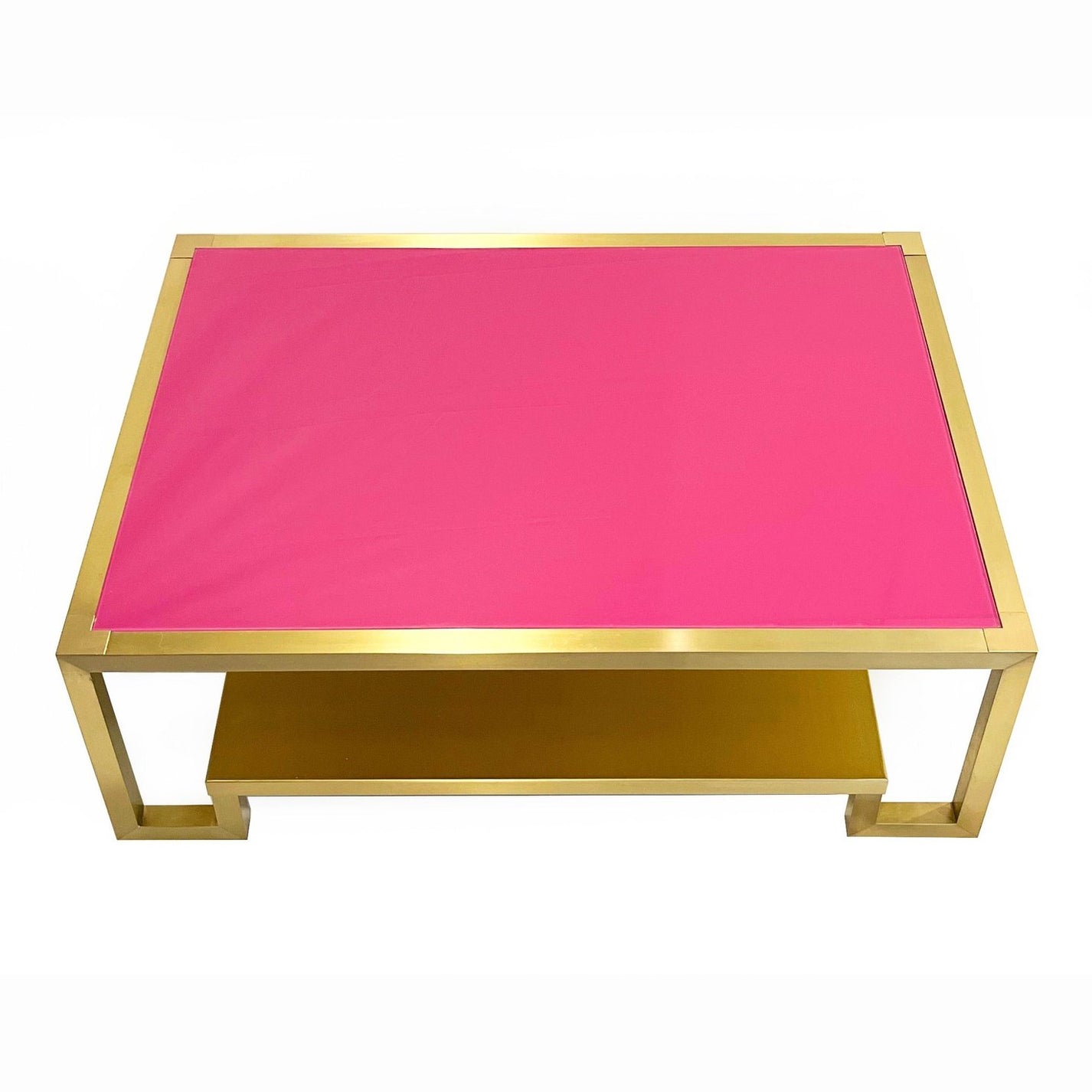 1970s Italian Vintage Rectangular Fuchsia Brass Coffee Table with Unde ...