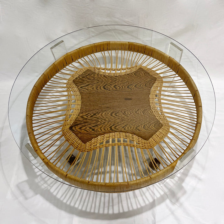 French Vintage 2-Tier Jacaranda Wood Weaved Rattan Sofa Table with Luc ...