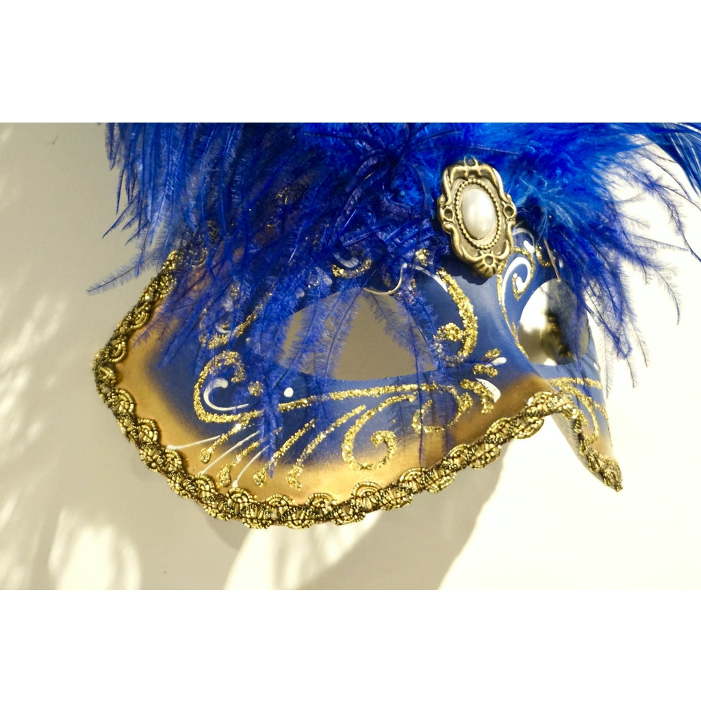 Italian Modern Venetian Handmade Blue and Gold Carnival Mask with Feat ...