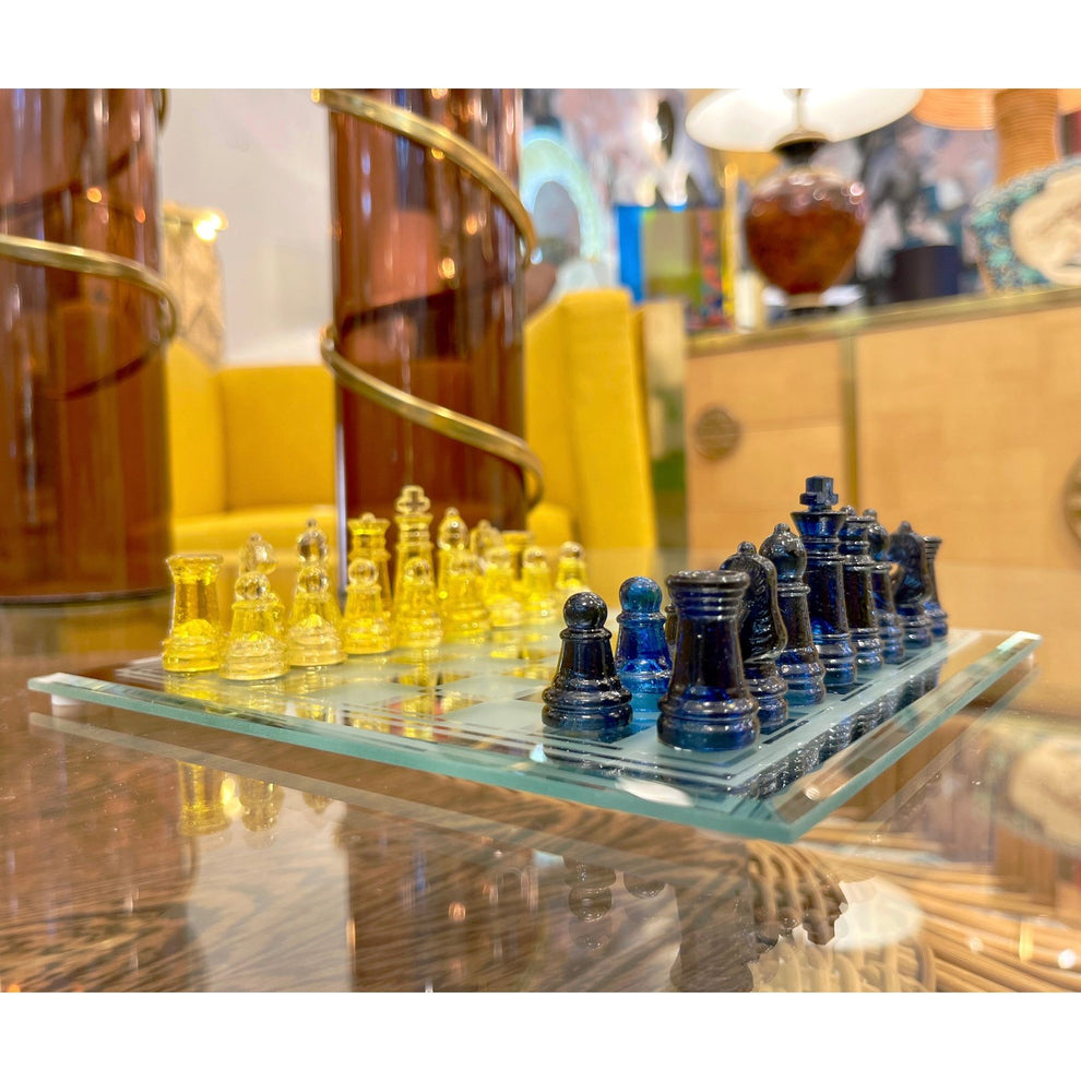 Contemporary Minimalist Blue & Yellow Murano Glass Chess Set on Mirror ...
