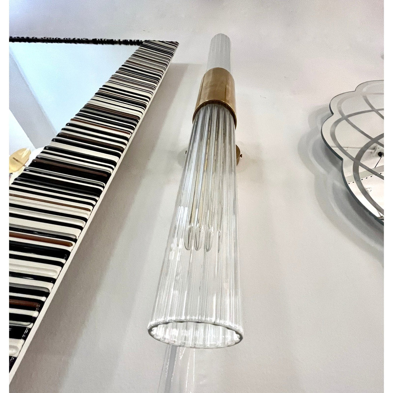 1980s Italian Art Deco Style Pair of Reeded Crystal Glass Brass Tubula ...