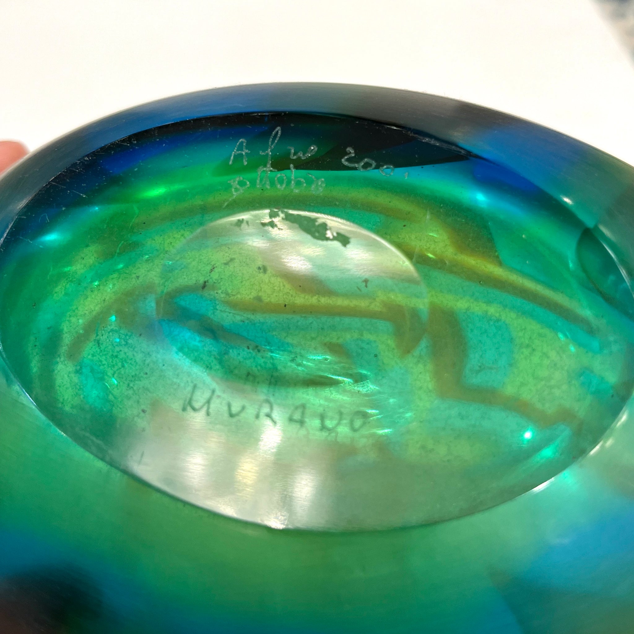 Afro Celotto Early 2000s Italian Turquoise Yellow Green Amber Murano G ...