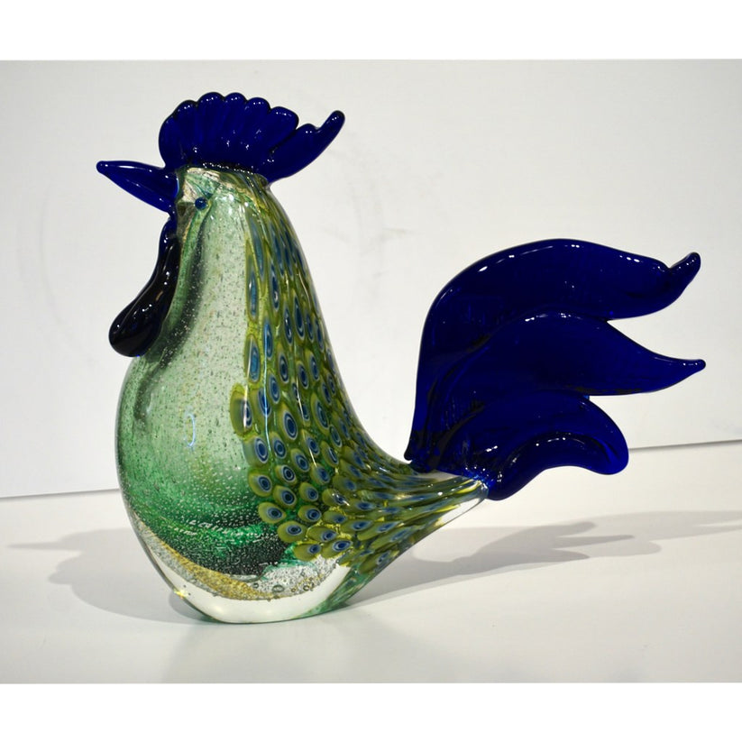 1980s Italian Vintage Silver Navy Blue Green Murano Art Glass Hen Bird