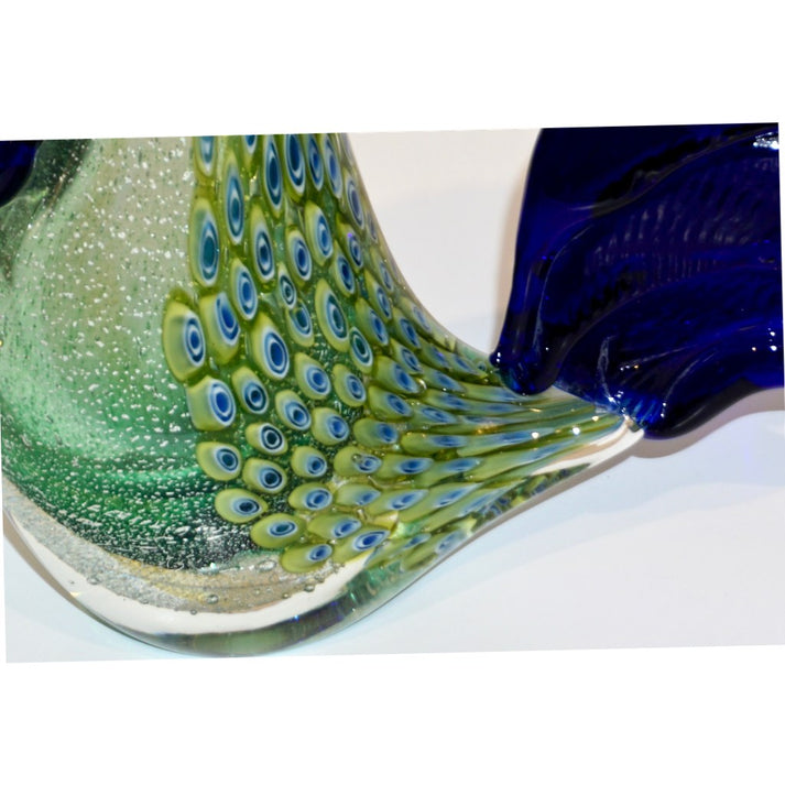 1980s Italian Vintage Silver Navy Blue Green Murano Art Glass Hen Bird